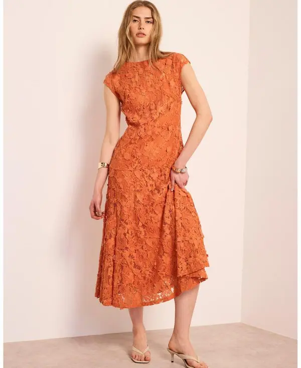 Mint Velvet Sleeveless Applique Lace Midi Dress - Orange