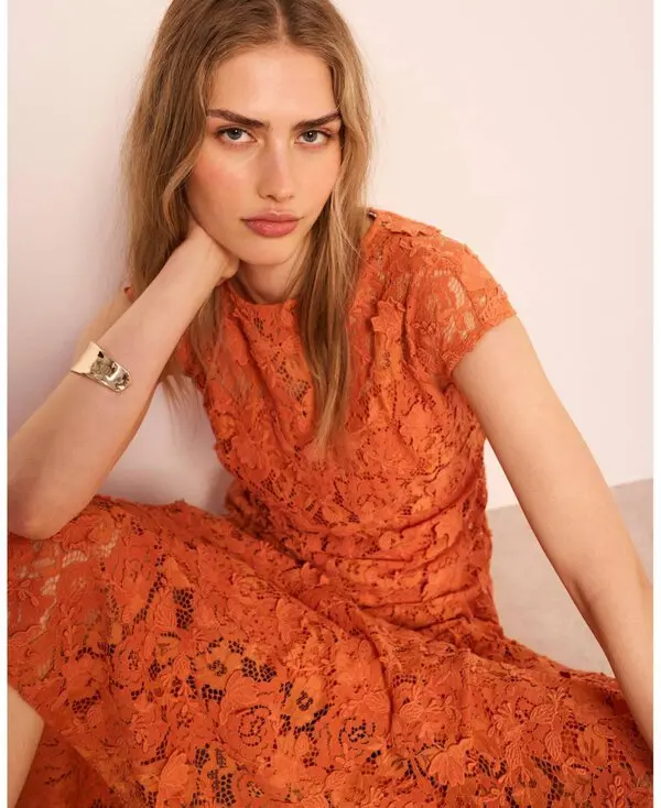 Mint Velvet Sleeveless Applique Lace Midi Dress - Orange