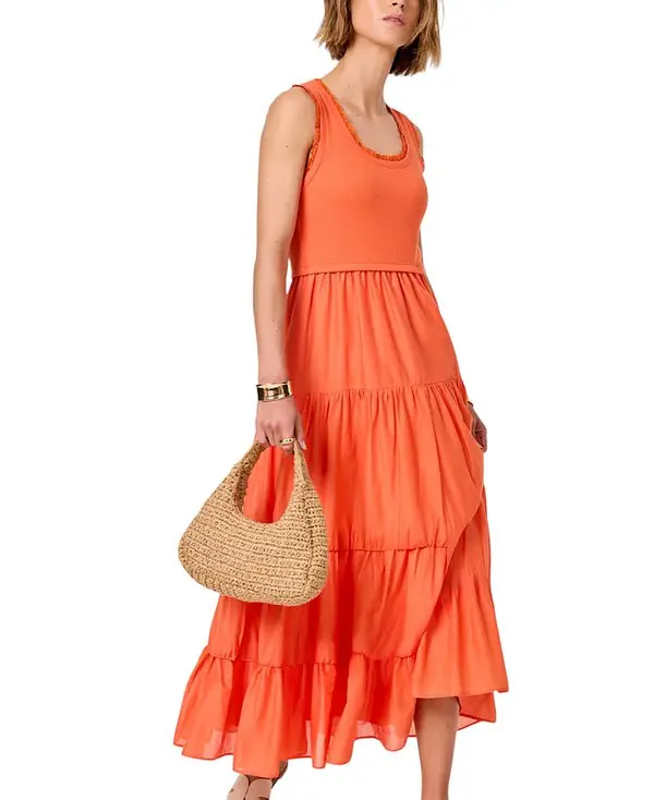 Mint Velvet Sleeveless Crochet Trim Tiered Midi Dress - Orange