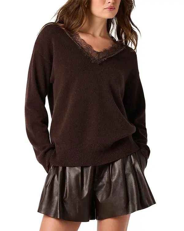 Astr The Label Wool V-neck Sweater With Lace Trim - Brown