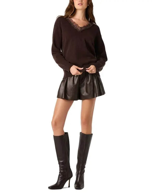 Astr The Label Wool V-neck Sweater With Lace Trim - Brown