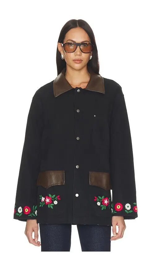 FOUND Canvas Embroidered Work Jacket With Leather Trim