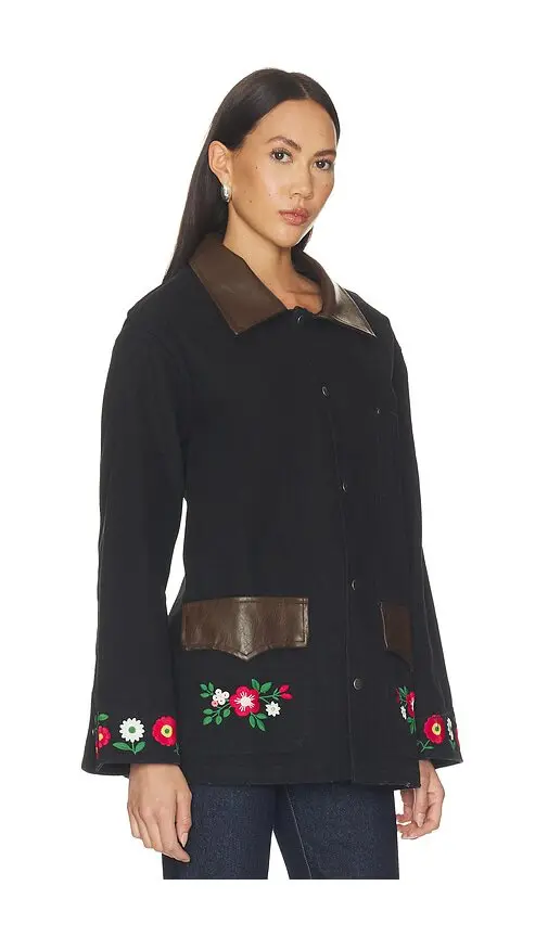FOUND Canvas Embroidered Work Jacket With Leather Trim