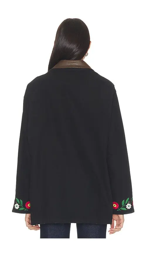 FOUND Canvas Embroidered Work Jacket With Leather Trim