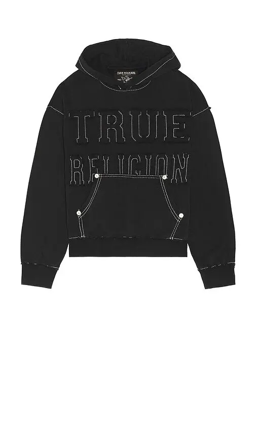 True Religion Applique Big T Boxy Hoodie In Black