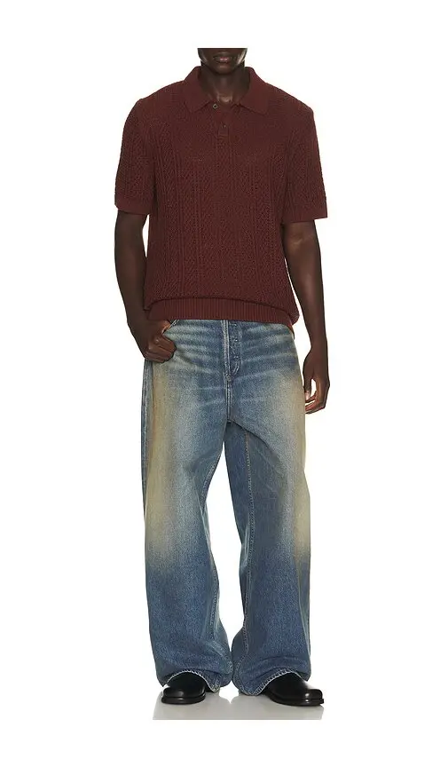 Vince Seed Stitch Rib Short Sleeve Polo Shirt In Red - Deep Satin