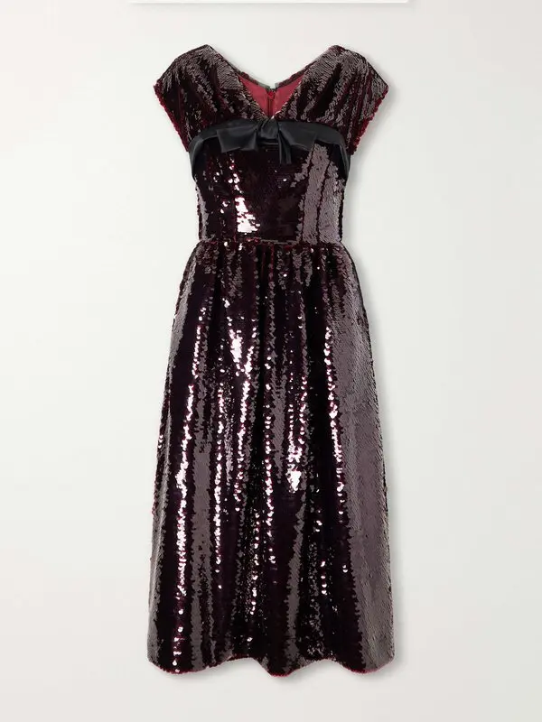 Simone Rocha Gathered Bow-detailed Sequined Midi Dress - Crimson