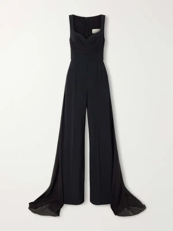 Elie Saab Ruched Chiffon-trimmed Silk-blend Cady Jumpsuit