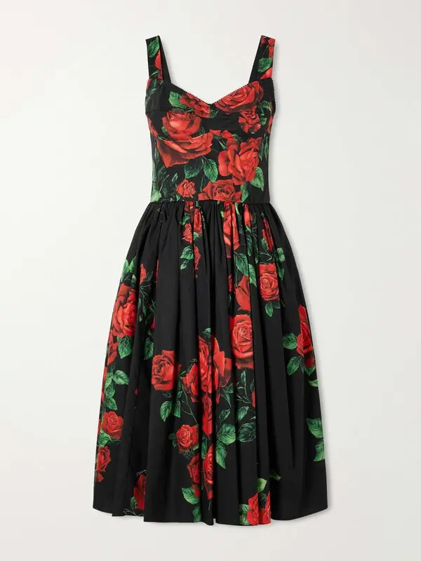 Dolce & Gabbana Floral-print Cotton-poplin Bustier Midi Dress