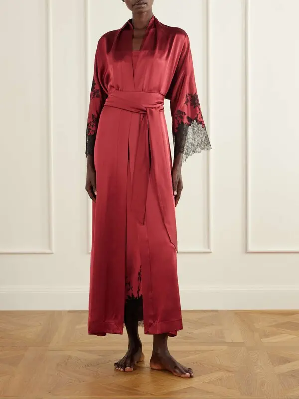 Carine Gilson Belted Lace-embroidered Silk-satin Robe