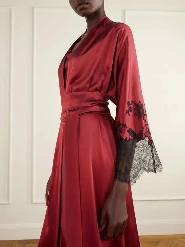 Carine Gilson Belted Lace-embroidered Silk-satin Robe