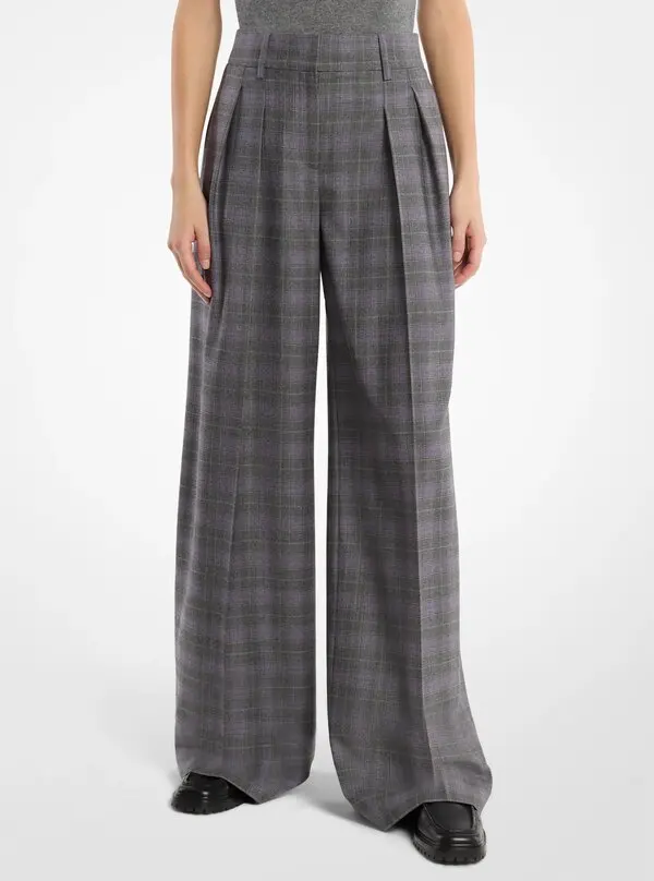 Michael Kors Glen Plaid Wool Pleated Wide-leg Trousers