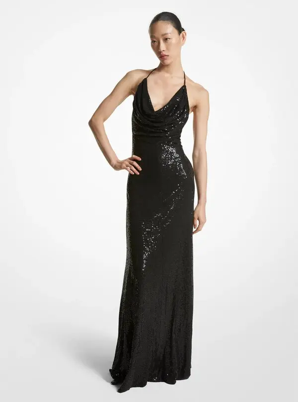 Michael Kors Hand-embroidered Sequin Viscose Cowl Gown In Size By