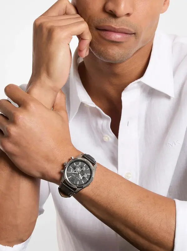 Michael Kors Oversized Lexington Silver-tone And Leather Watch In By