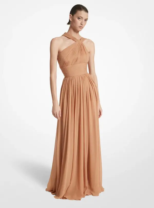 Michael Kors Hand-gathered Silk Chiffon One-shoulder Gown In Size By