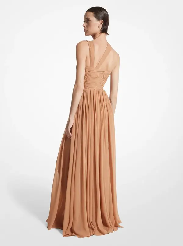 Michael Kors Hand-gathered Silk Chiffon One-shoulder Gown In Size By