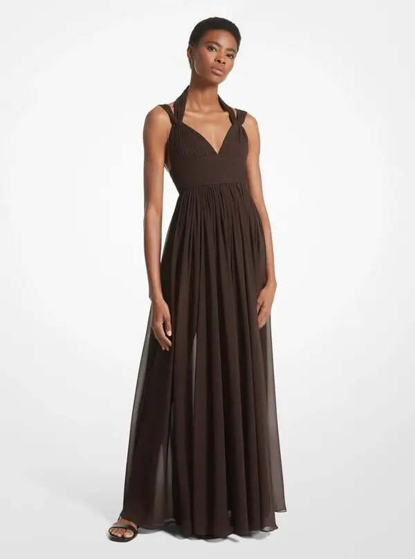 Michael Kors Hand-gathered Silk Chiffon Split-strap Gown In Size By
