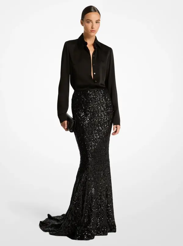 Michael Kors Sequin Embroidered Stretch Fishtail Skirt In Size By