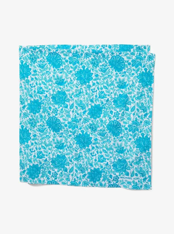 Michael Kors Floral Print Cotton Scarf In By - Blue