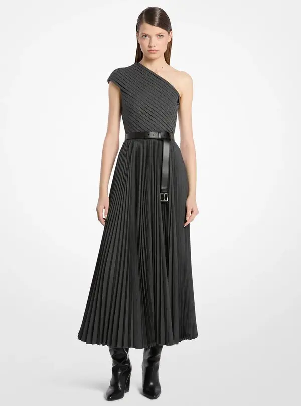 Michael Kors Pleated Stretch Wool One-shoulder Dress In Size By