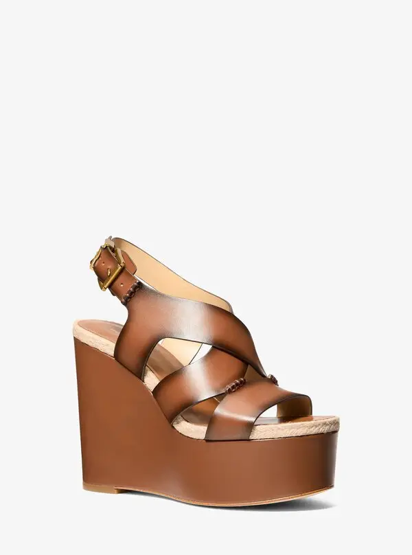 Michael Kors Raven Burnished Leather Wedge Sandal In Size By