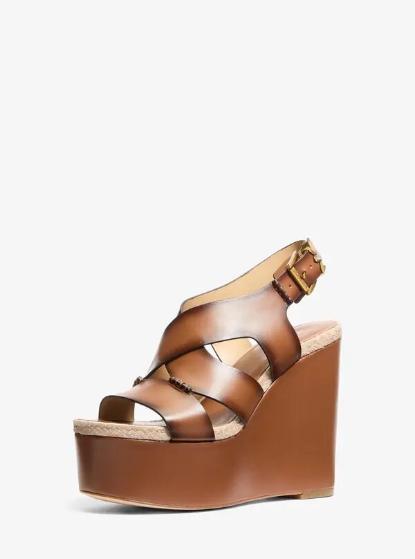 Michael Kors Raven Burnished Leather Wedge Sandal In Size By