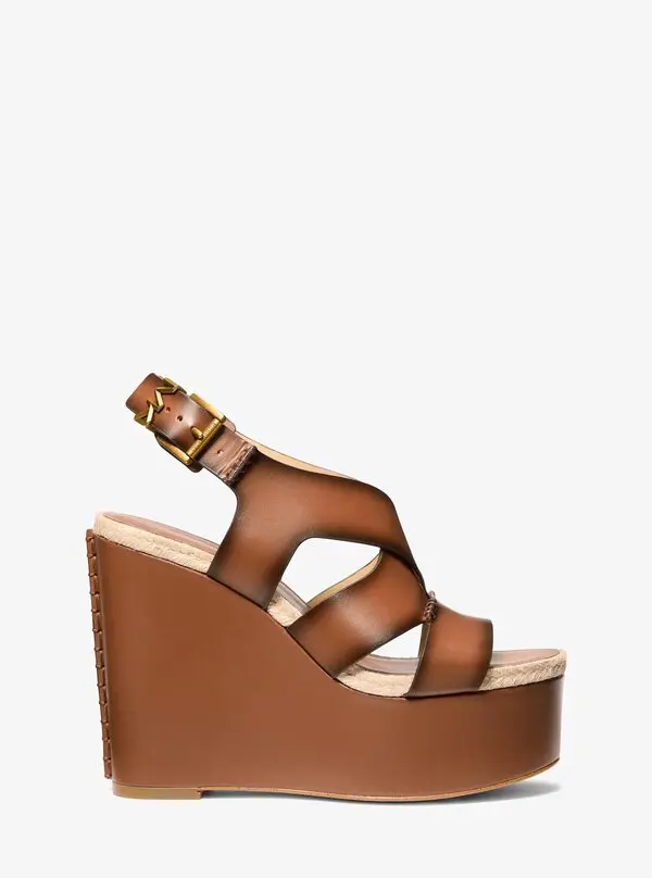 Michael Kors Raven Burnished Leather Wedge Sandal In Size By