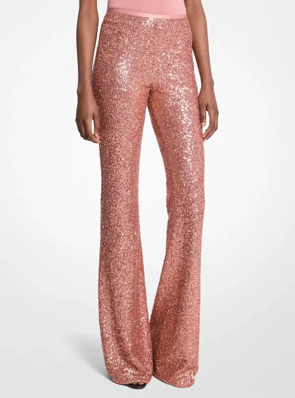 Michael Kors Hand-embroidered Sequin Stretch Tulle Flared Pants In Size By