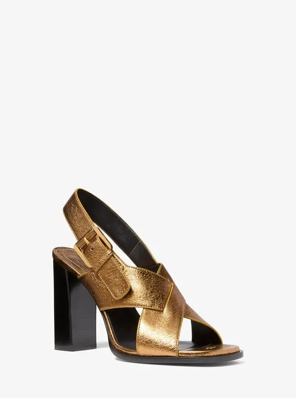 Michael Kors Jasmine Metallic Lizard Embossed Leather Sandal In Size By - Gold