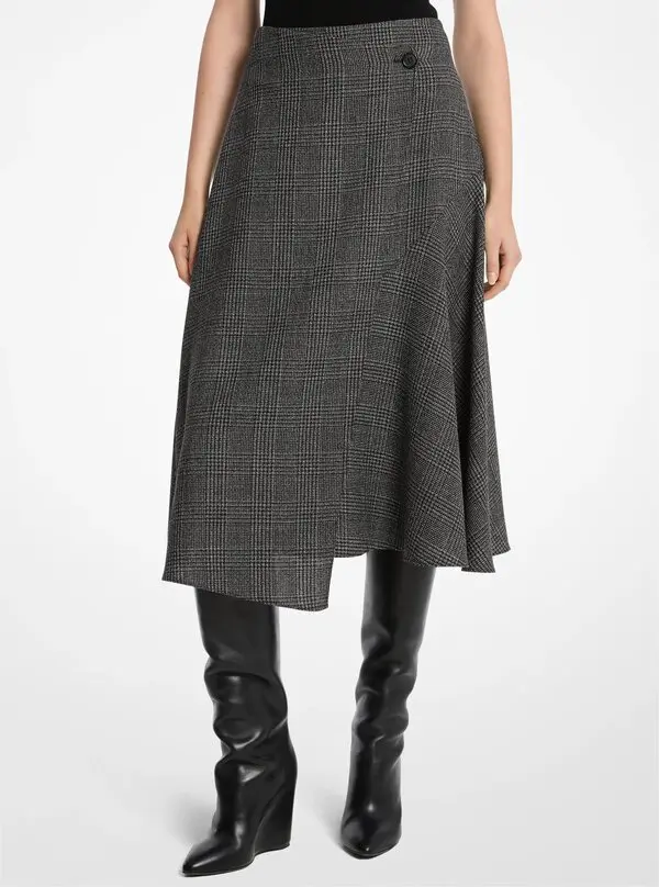 Michael Kors Draped Glen Plaid Wool Wrap Skirt In Size By