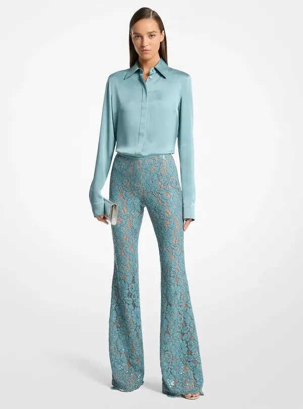 Michael Kors Hand-embroidered Sequin Floral Lace Flared Pants In Size By
