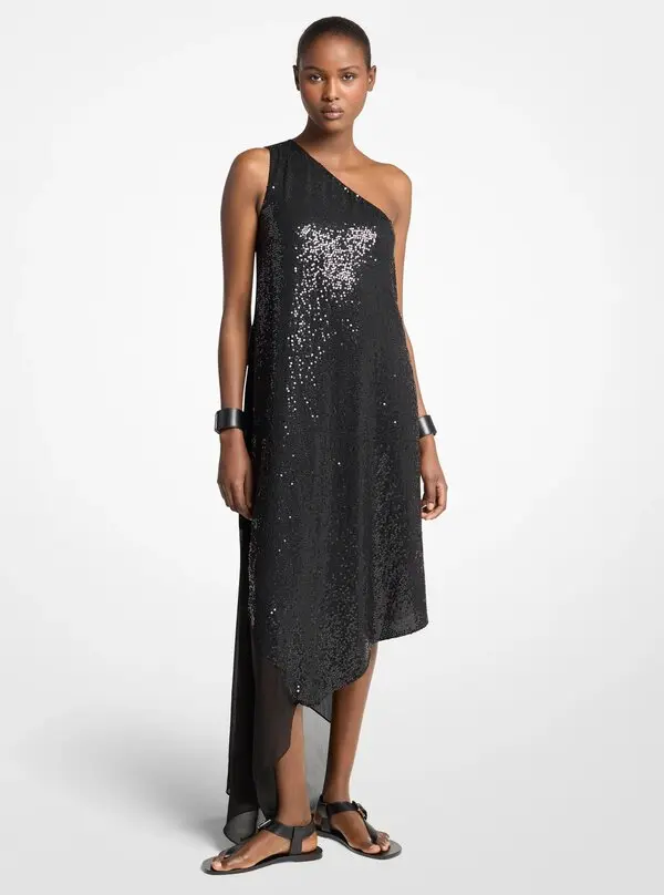 Michael Kors Hand-embroidered Sequin Silk Georgette Asymmetric Dress - Black