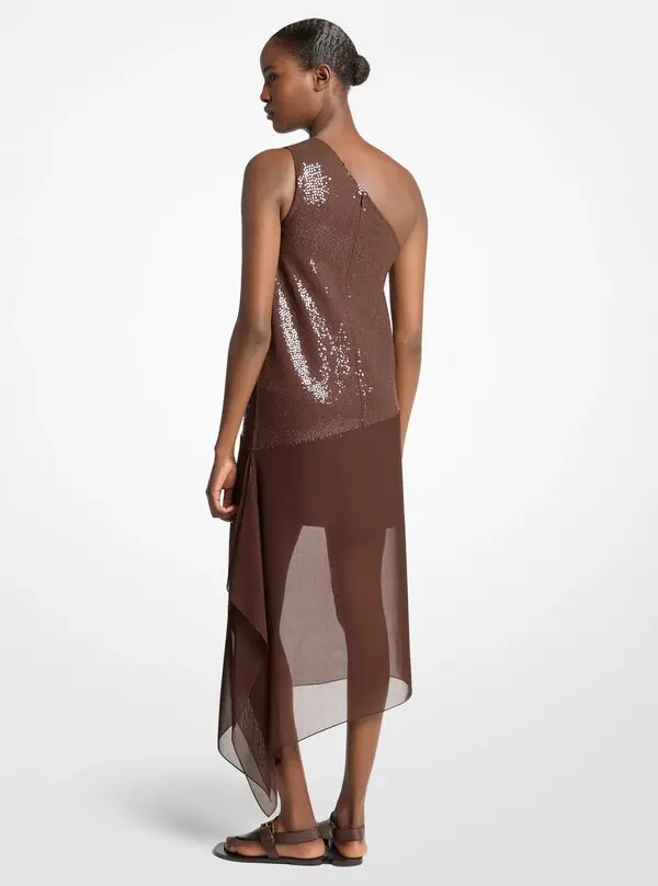 Michael Kors Hand-embellished Sequin Stretch Wool Crepe Dress With Asymmetrical Overlay - Brown