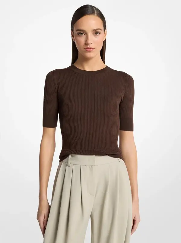 Michael Kors Ribbed Wool Elbow-sleeve Sweater - Brown