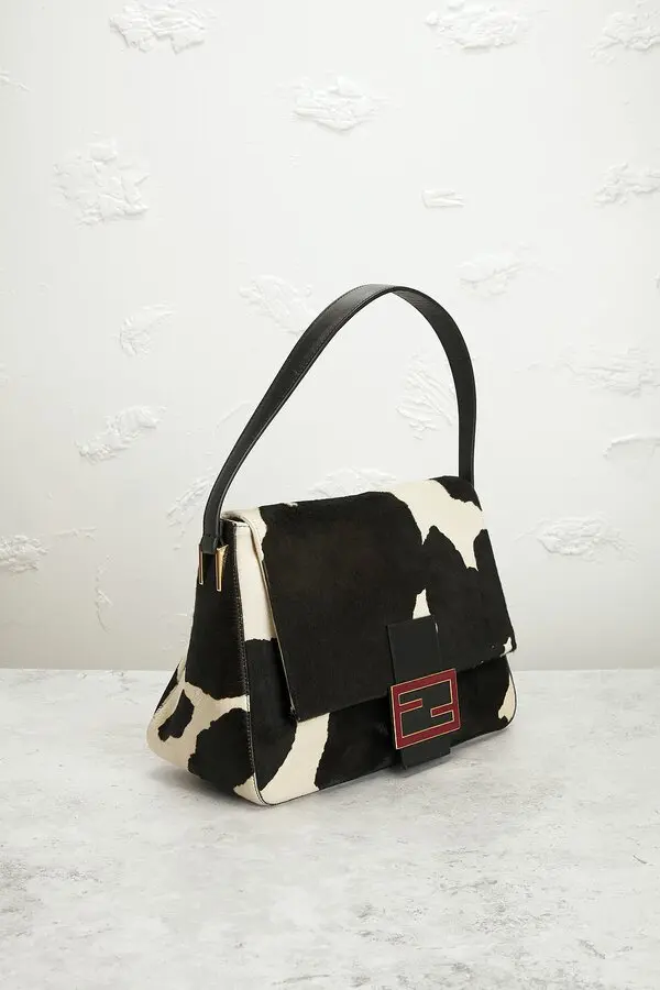 Fendi Pony Hair Mama Baguette Shoulder Bag In & White