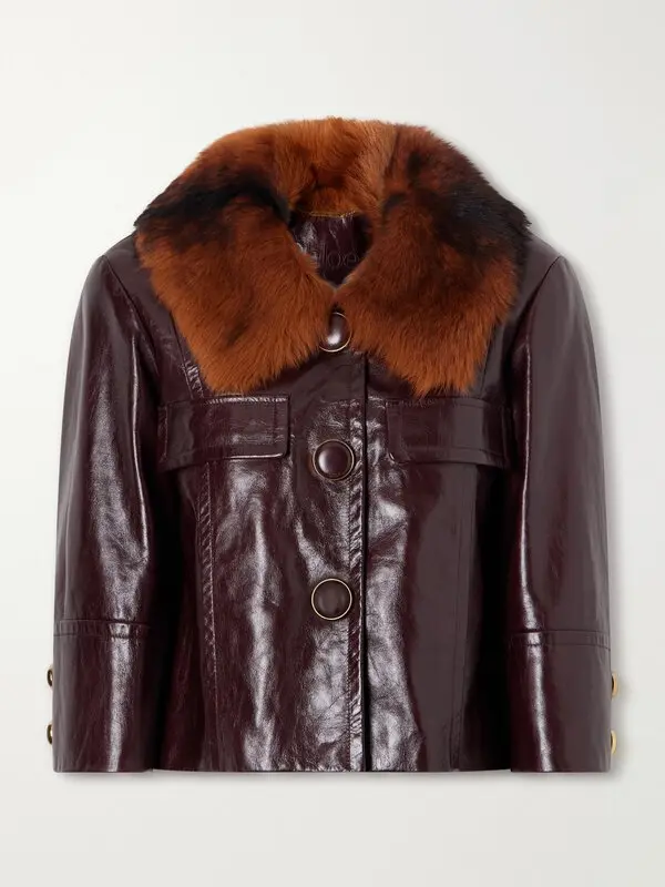 Chloé Cropped Shearling-trimmed Leather Jacket - Purple