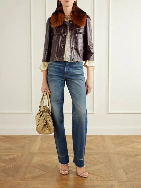 Chloé Cropped Shearling-trimmed Leather Jacket - Purple