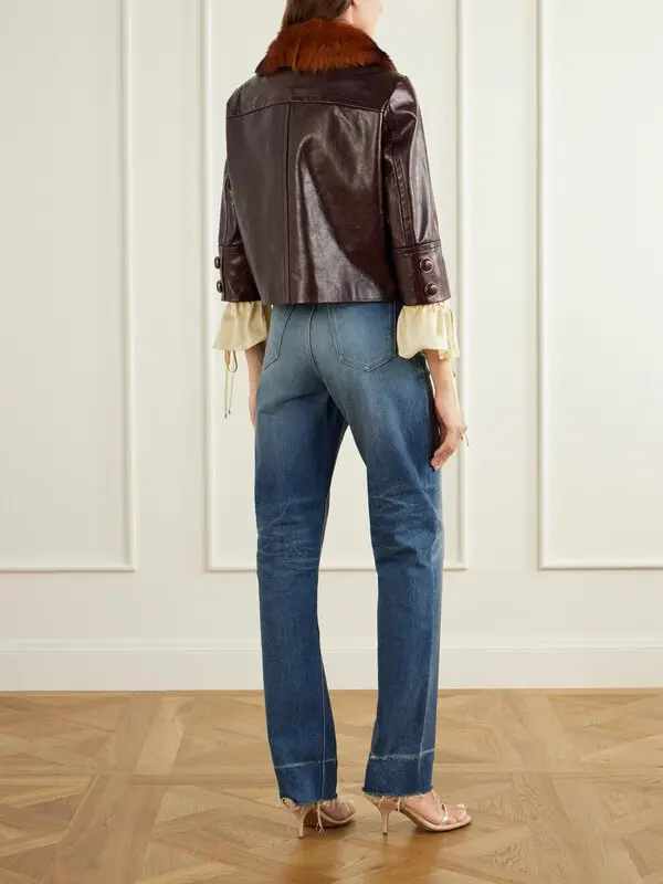 Chloé Cropped Shearling-trimmed Leather Jacket - Purple