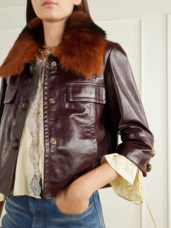 Chloé Cropped Shearling-trimmed Leather Jacket - Purple
