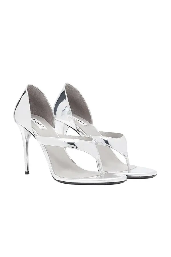 Alaïa Metallic Silver Leather Thong Heeled Sandals