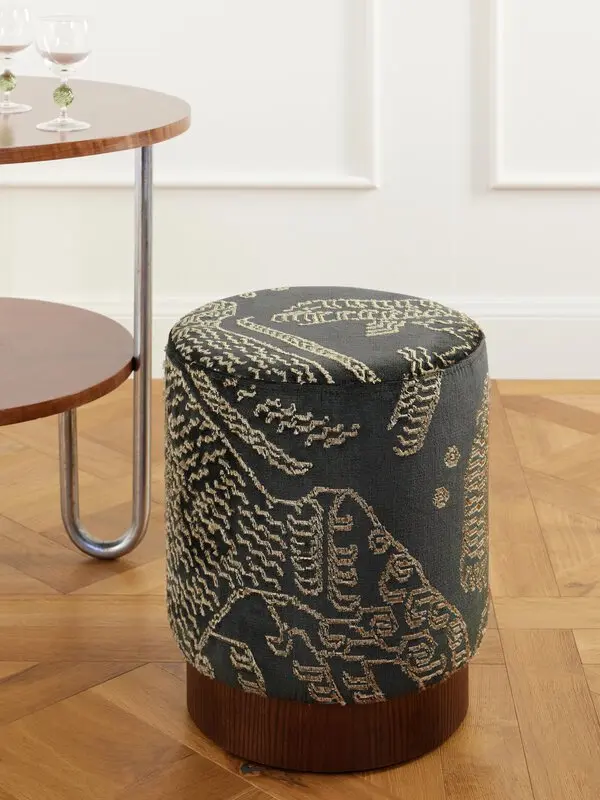 SIX THE RESIDENCE Tiger Mountain Jacquard Velvet Wood Pouf