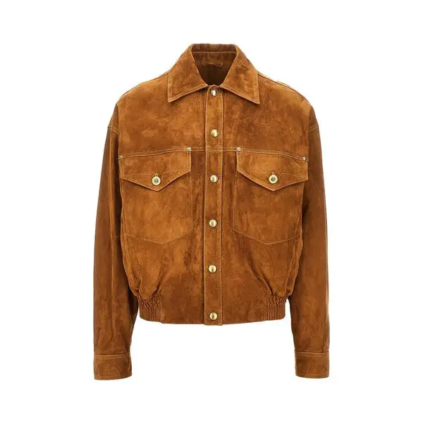 Versace Suede Leather Jacket With Greca Motif Details - Brown