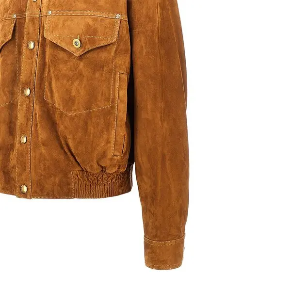 Versace Suede Leather Jacket With Greca Motif Details - Brown