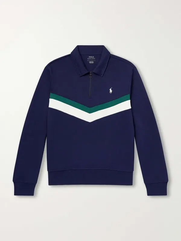 Polo Ralph Lauren Striped Logo-embroidered Cotton-blend Piqué Sweatshirt - Navy