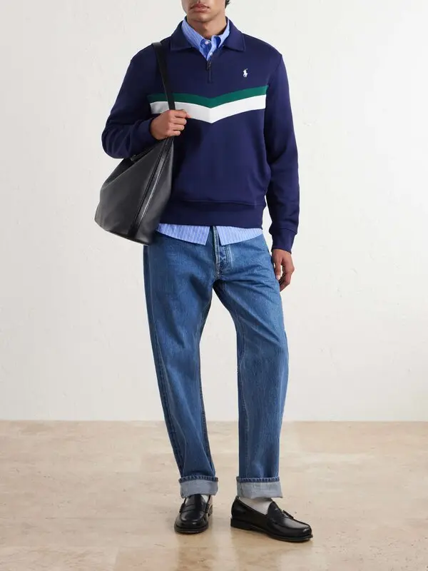 Polo Ralph Lauren Striped Logo-embroidered Cotton-blend Piqué Sweatshirt - Navy