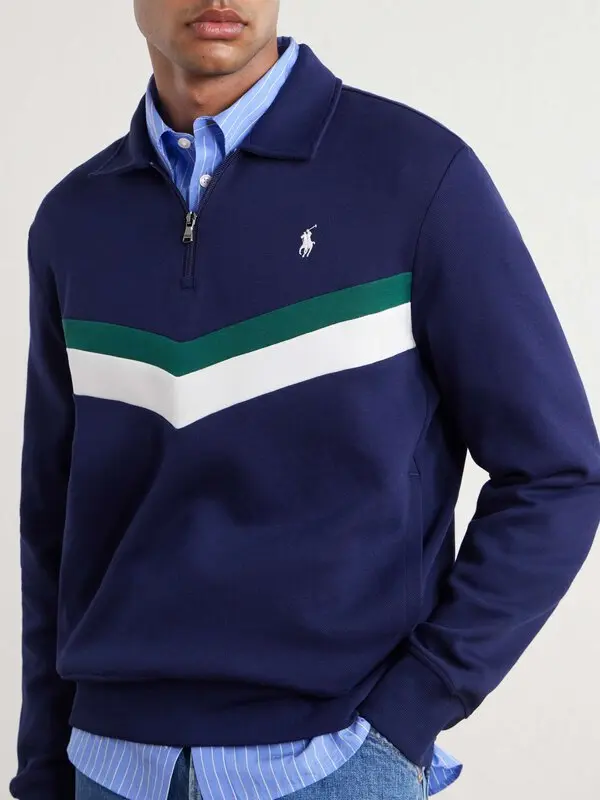 Polo Ralph Lauren Striped Logo-embroidered Cotton-blend Piqué Sweatshirt - Navy