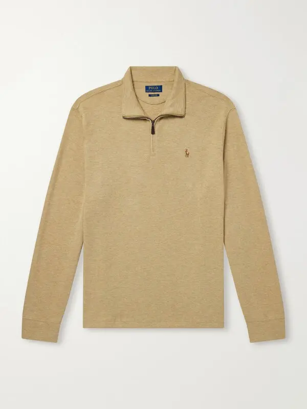 Polo Ralph Lauren Logo-embroidered Cotton-jersey Quarter-zip Sweater - Neutrals