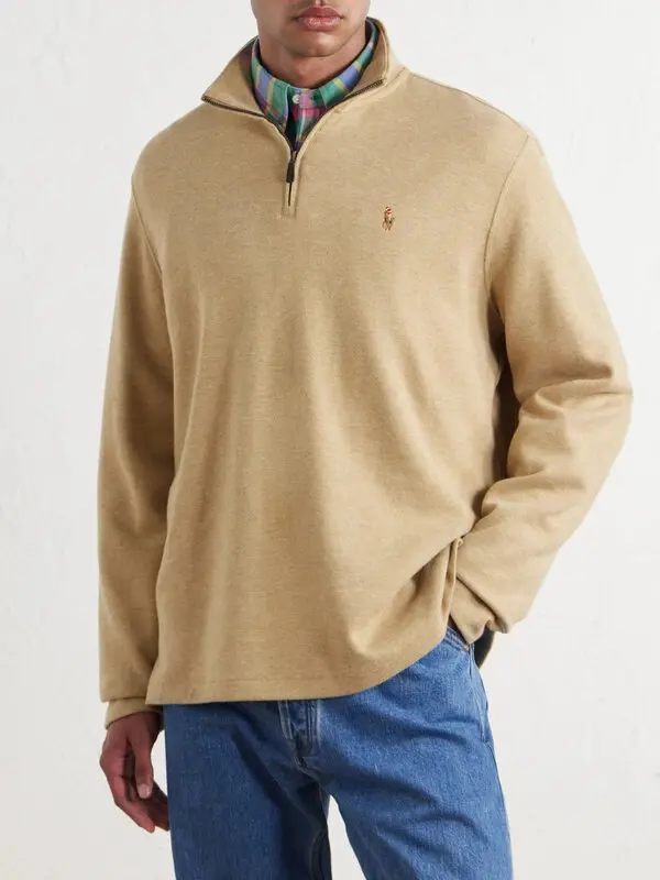Polo Ralph Lauren Logo-embroidered Cotton-jersey Quarter-zip Sweater - Neutrals