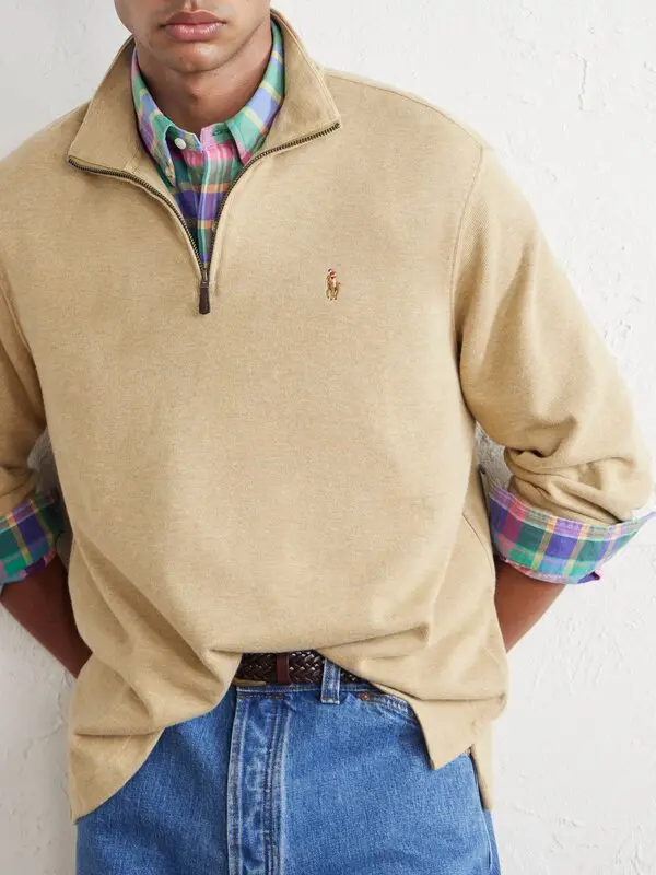 Polo Ralph Lauren Logo-embroidered Cotton-jersey Quarter-zip Sweater - Neutrals