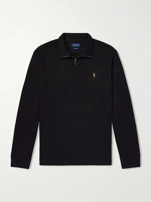Polo Ralph Lauren Logo Embroidered Ribbed Cotton Half-zip Sweater - Black